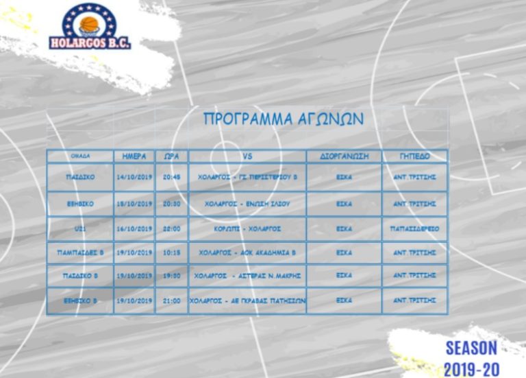 Εβδομαδιαίο αγωνιστικό πρόγραμμα (14/10 - 20/10) - HOLARGOS B.C.